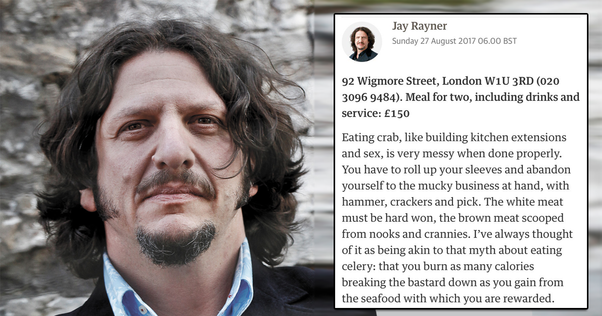 Guardian food critic Jay Rayner comparing eating crab to sex will make ...
