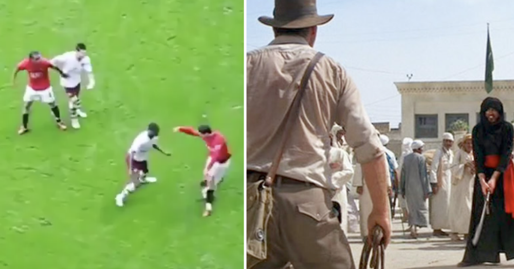 This is the football equivalent of Indiana Jones' 'sword vs gun' fight ...