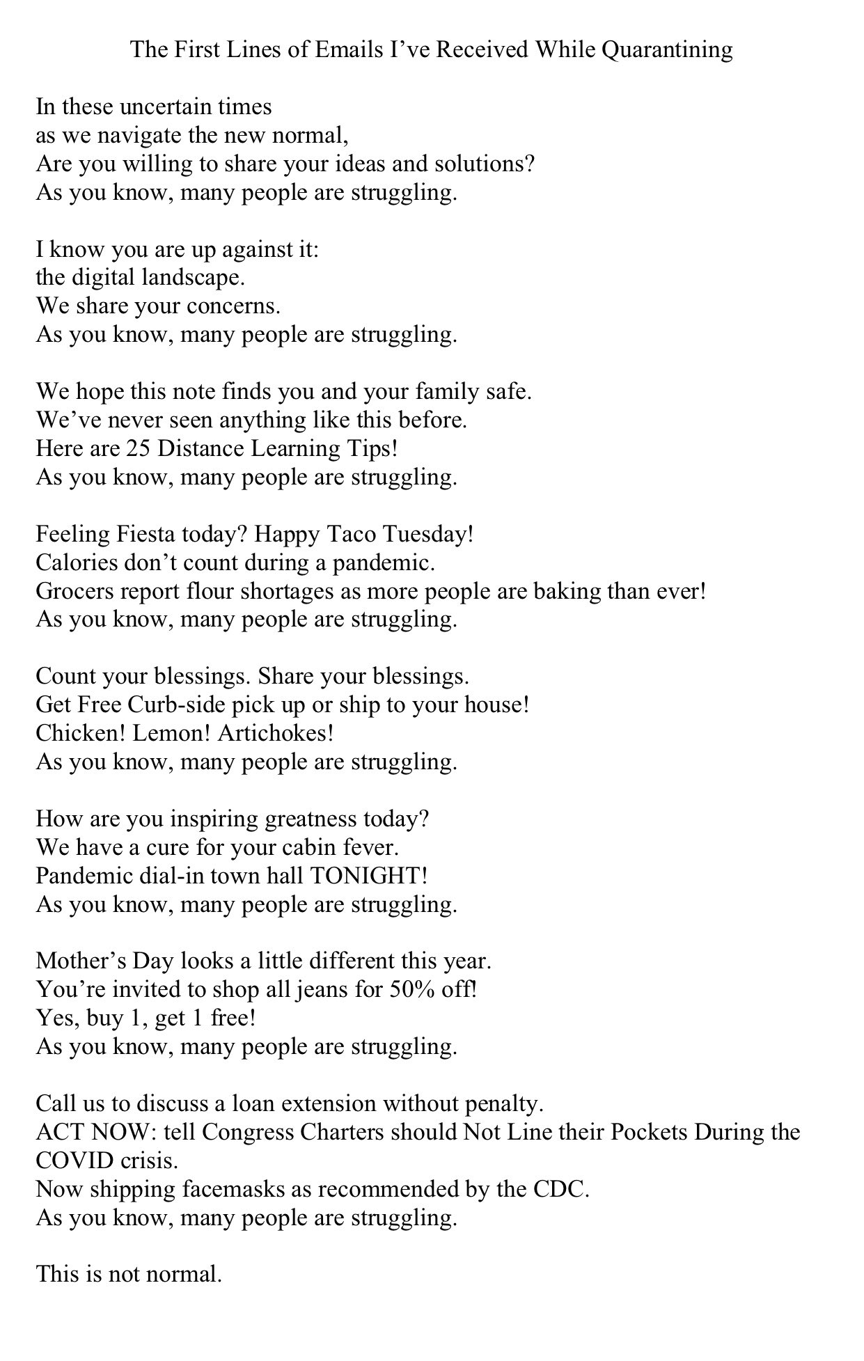 Poem called “First lines of emails I’ve received while quarantining ...