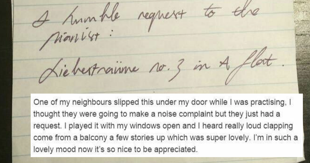 People love this note slipped under a pianist's door while he was ...