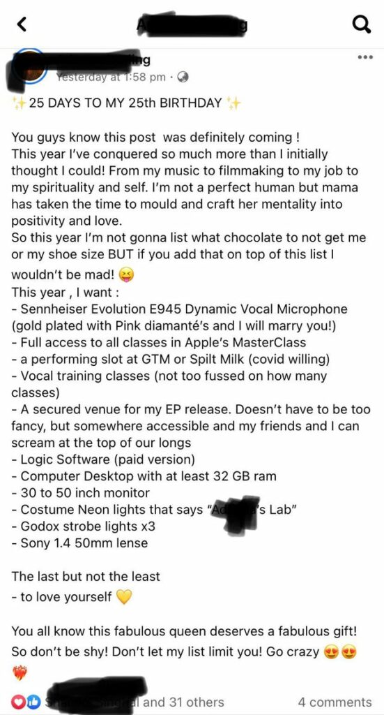 This woman's outrageous birthday gift list is a proper jaw-dropper and ...