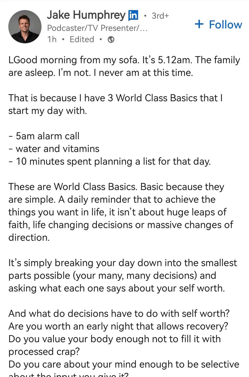 Jake Humphrey shared his 'World Class Basics' early morning routine and ...