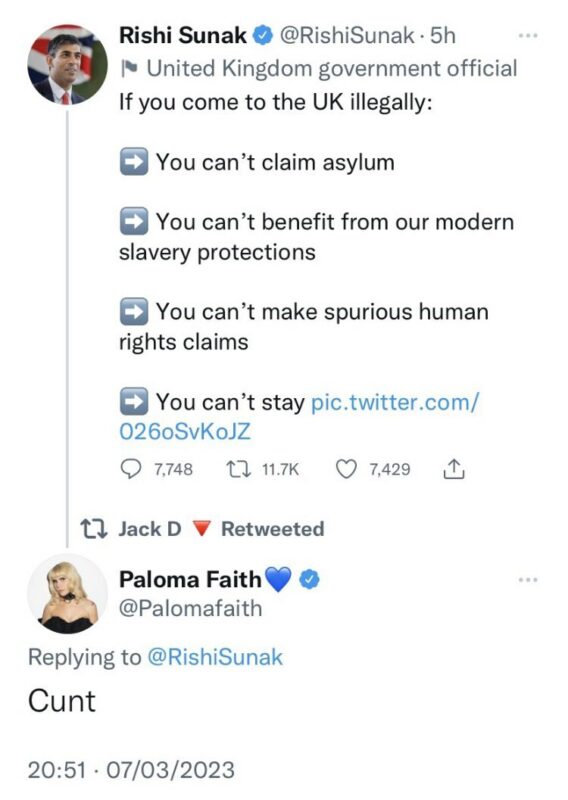 Paloma Faith's one-word response to Rishi Sunak is the most succinct ...