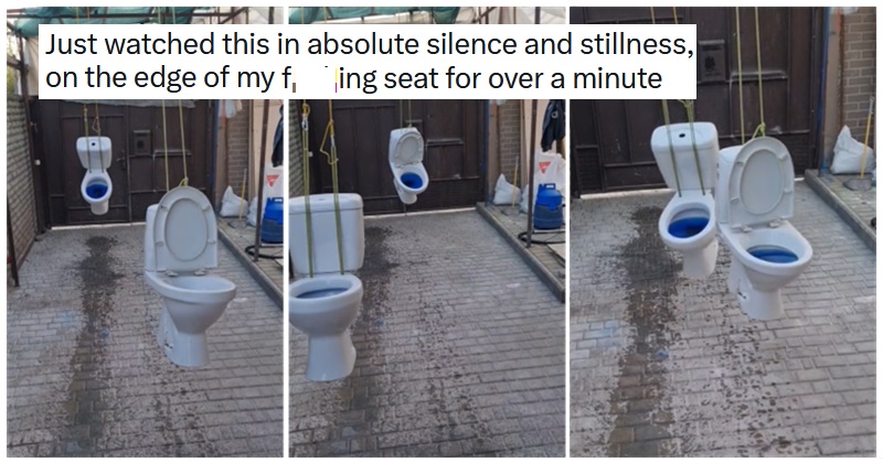 This video of two toilets swinging on ropes makes a very tense watch ...