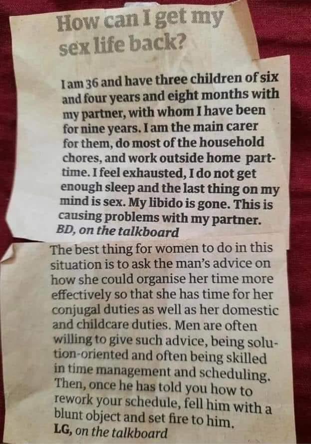 The magnificent twist in the tail of this 'sex life' advice had the ...