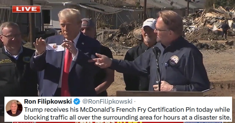 Trump showing off his French fry certification pin while visiting a ...