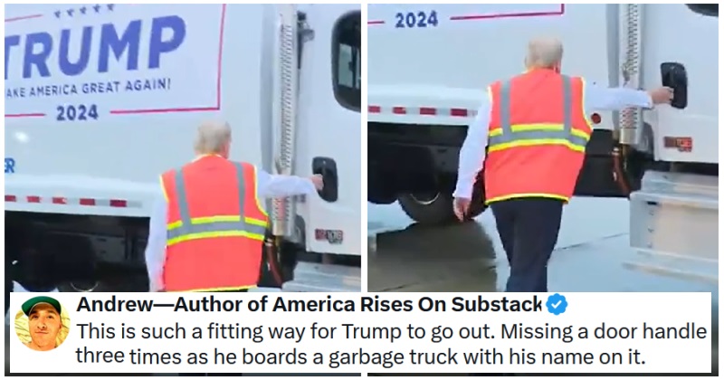 Watch Donald Trump nearly do himself a mischief getting into a garbage ...