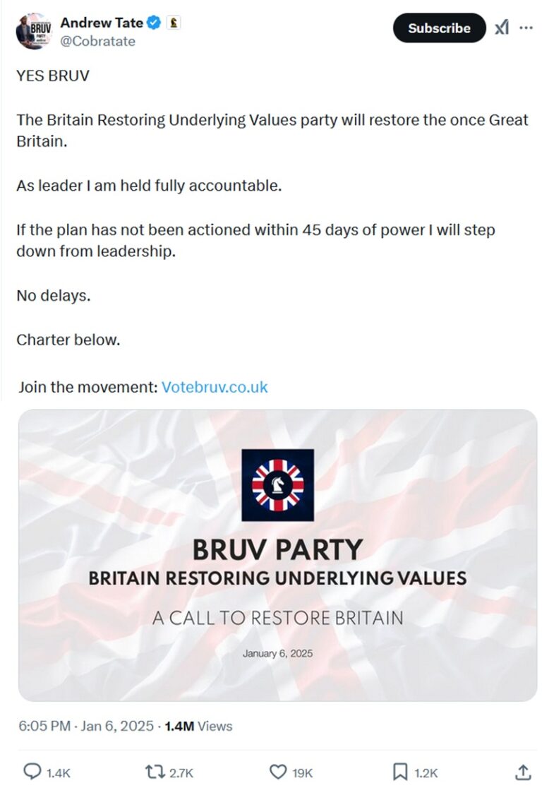 Andrew Tate's new 'political party', BRUV, has ushered in April Fools ...