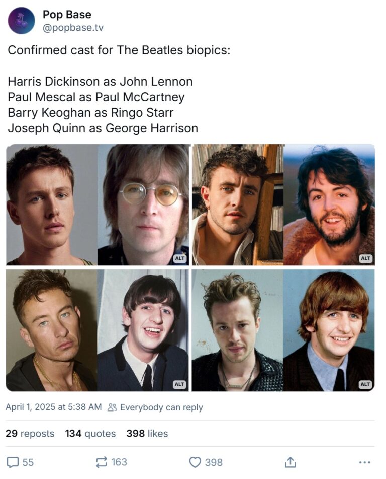 The cast of Sam Mendes' four Beatles biopics dropped, and people think ...