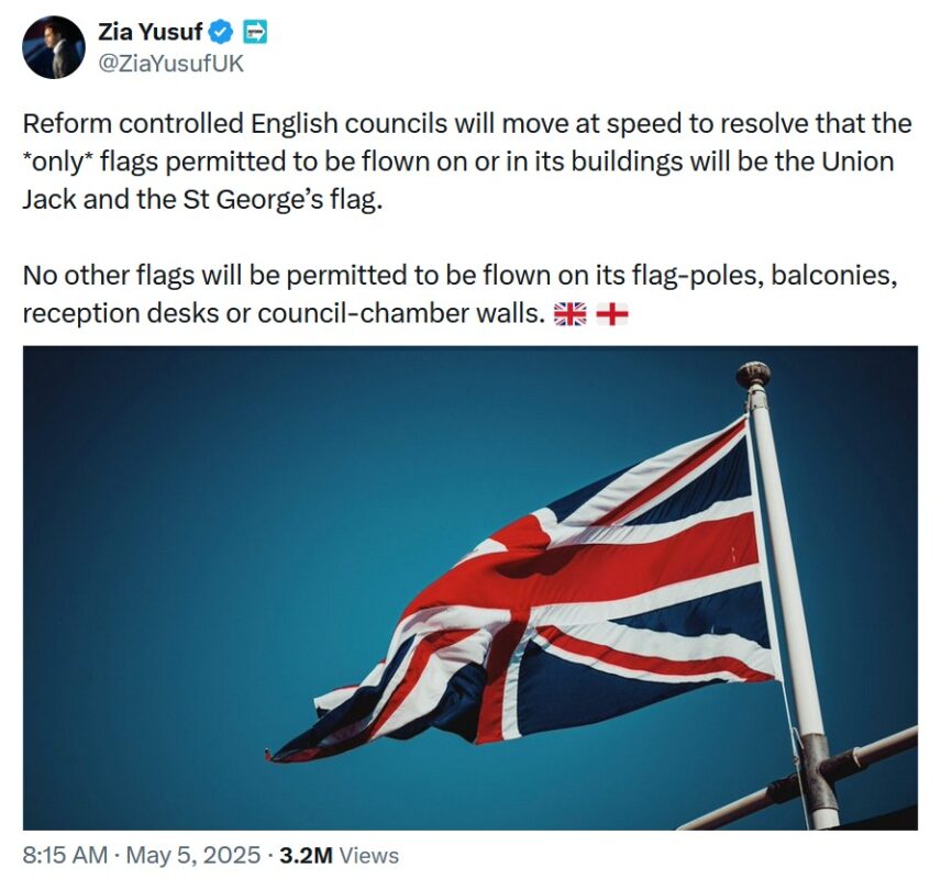 Reform UK ruled that their councils will only fly the Union and St ...