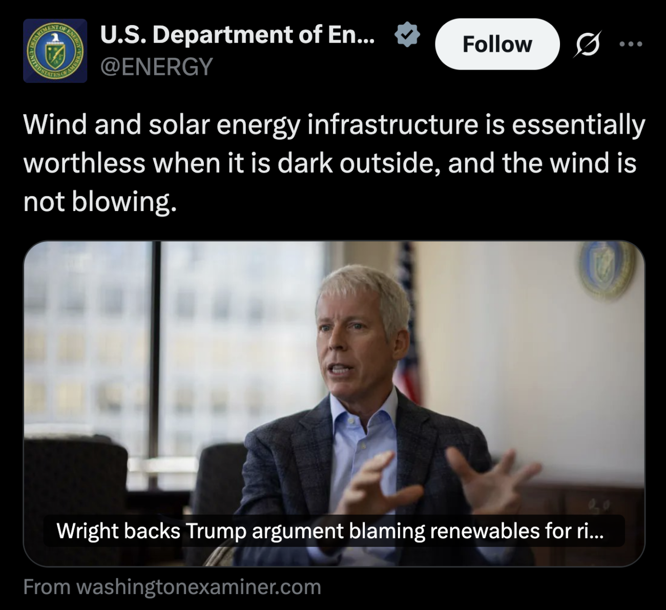 Trump's energy secretary took aim at renewable power and it ...