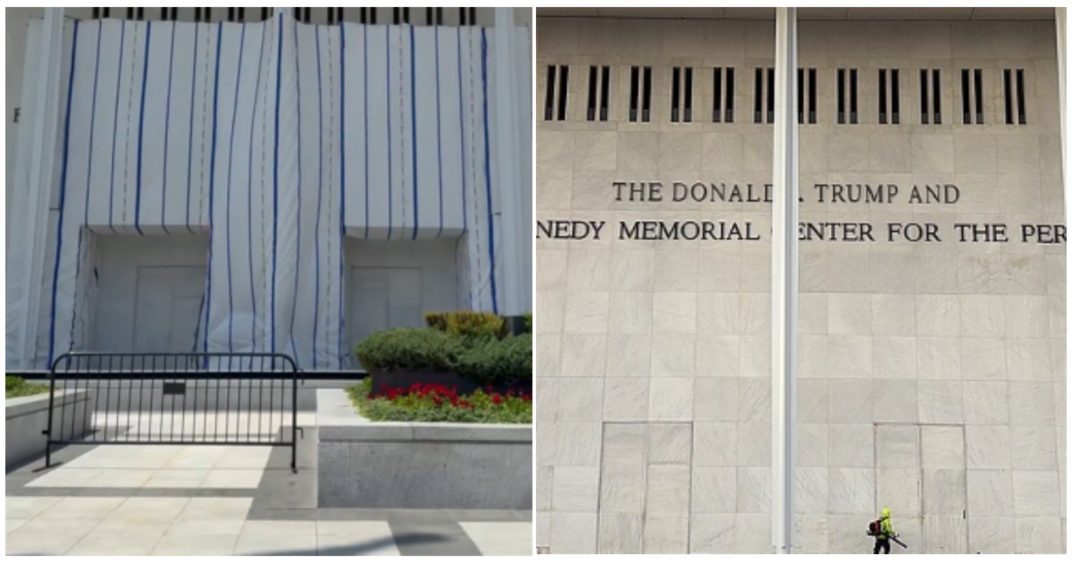 President Thin-skin has left the tarp covering the space where his name ...